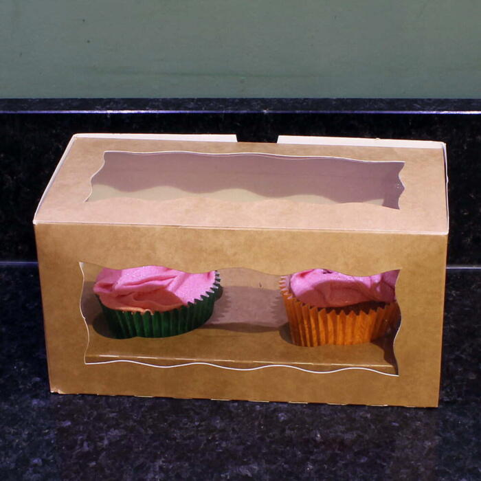 Two Hole Brown Windowed Cardboard Cup Cake Boxes