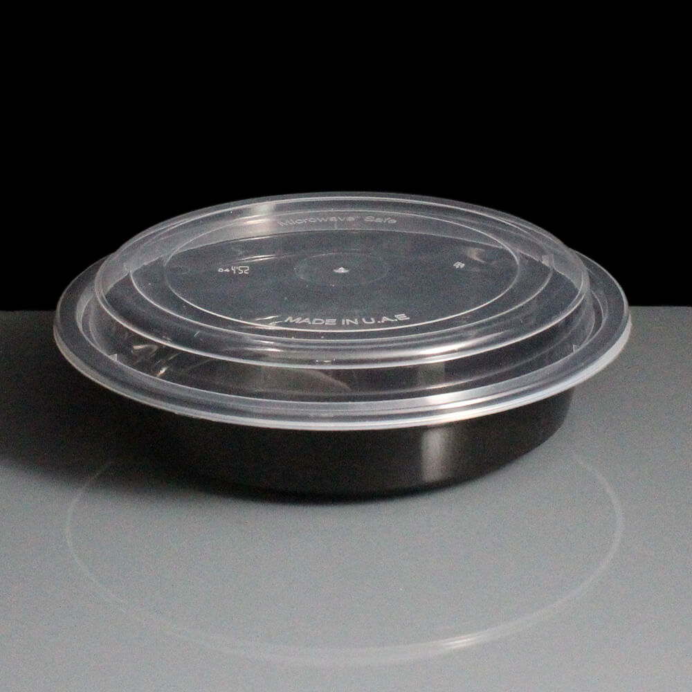 24oz Round Black Plastic Take Away Food Container and Lid