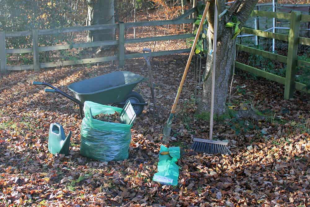 Leaf Composting and Mulching with Green Plastic Sacks
